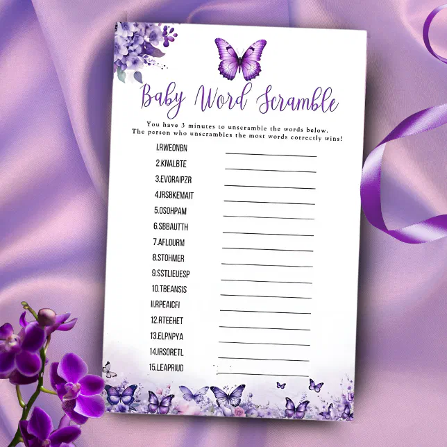 Butterfly Purple Word Scramble Baby Shower Game | Zazzle