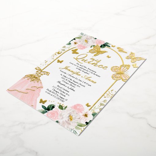 Butterfly Quince Invitations Blush Floral Dress | Zazzle