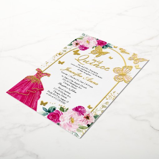 Butterfly Quince Invitations Hot Pink Dress | Zazzle