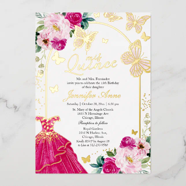 Butterfly Quince Invitations Hot Pink Dress | Zazzle