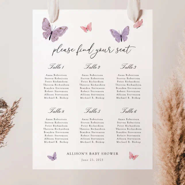 Butterfly Shower Seating Chart Foam Board | Zazzle