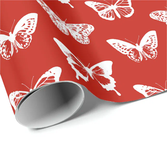 Butterfly sketch, deep red and white wrapping paper | Zazzle