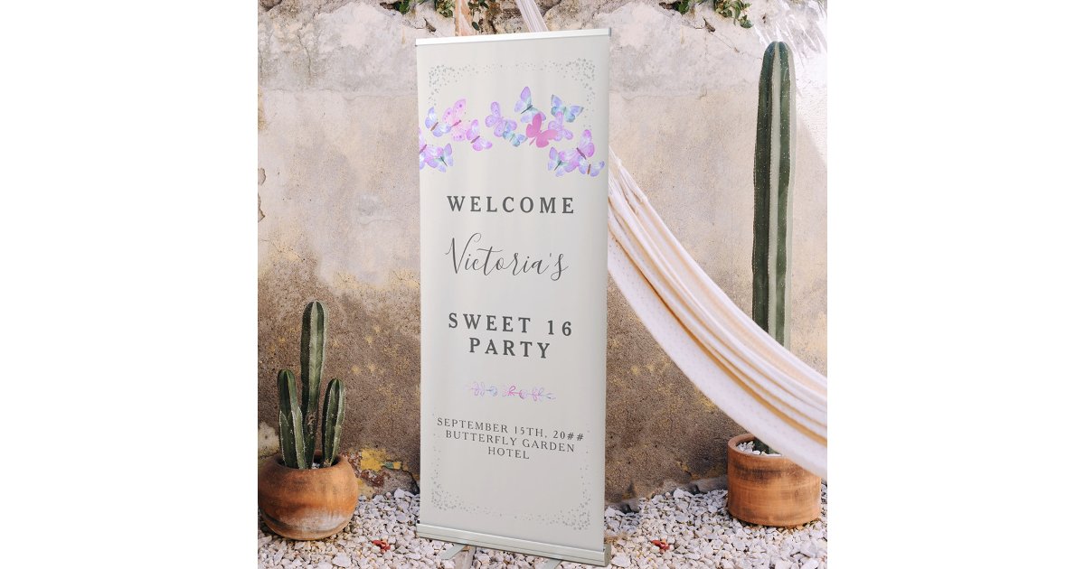 Butterfly Skies Pink and Lilac Butterflies Welcome Retractable Banner ...
