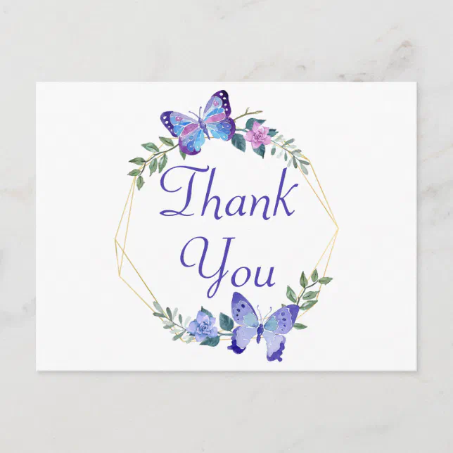 Butterfly Thank You Floral Wreath Blue Butterlies Postcard | Zazzle