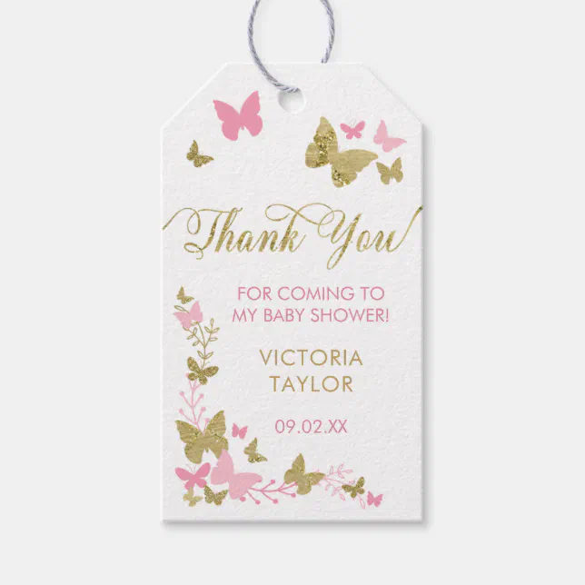 Butterfly Thank You Tag, Pink, Gold Gift Tags | Zazzle