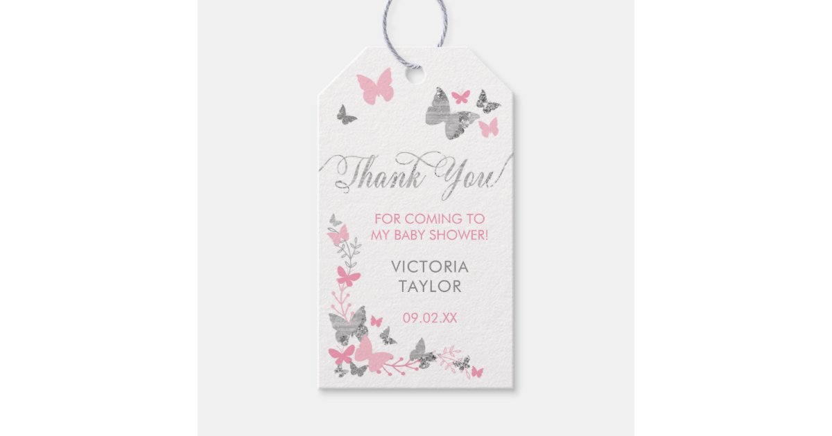 Butterfly Thank You Tag, Pink, Silver Gift Tags | Zazzle