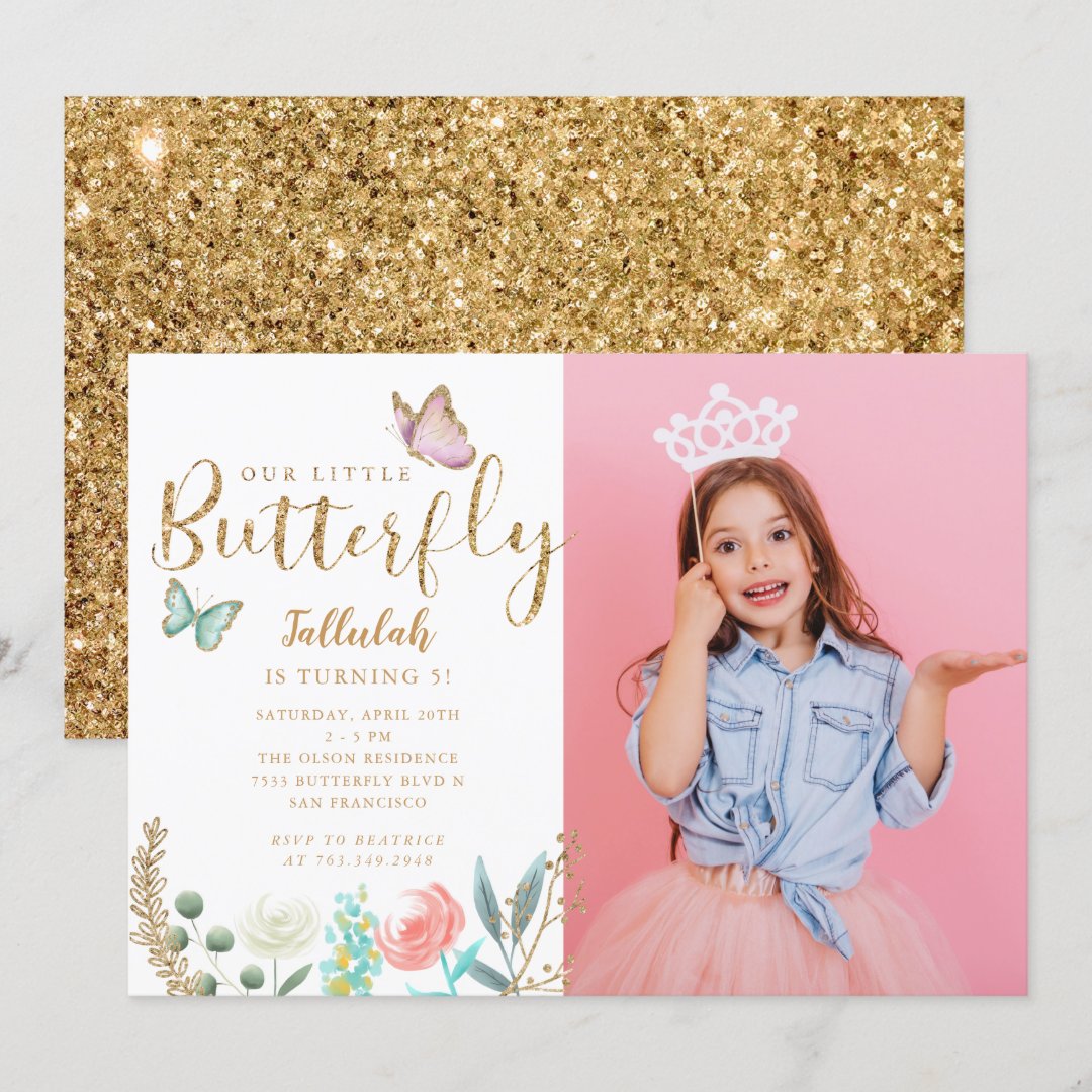 Butterfly Theme Girls Birthday Party photo Invitation | Zazzle