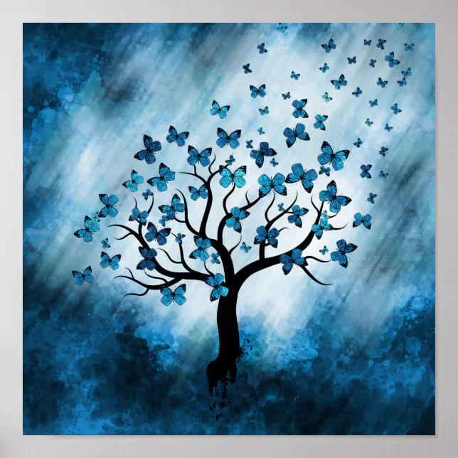 Butterfly Tree - Blue Marble Mist Poster | Zazzle
