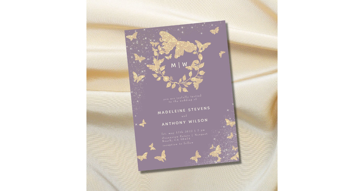 Butterfly Wedding Lilac Gold Monograms Elegant Invitation | Zazzle