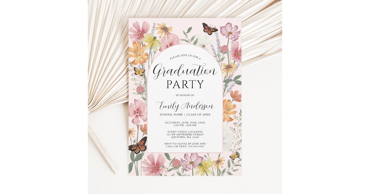 Butterfly Wildflower Arch Pink Graduation Party Invitation | Zazzle