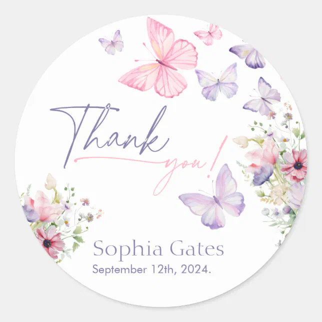 Butterfly Wildflower Thank You Classic Round Sticker | Zazzle