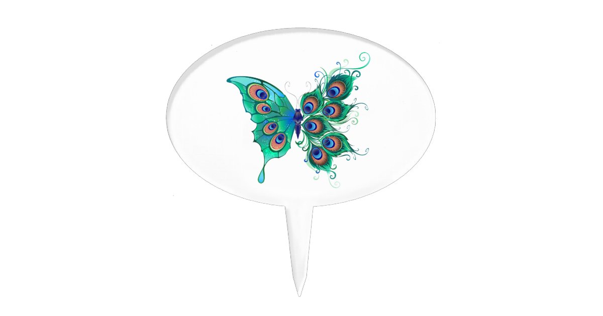 Butterfly with Green Peacock Feathers Cake Topper | Zazzle
