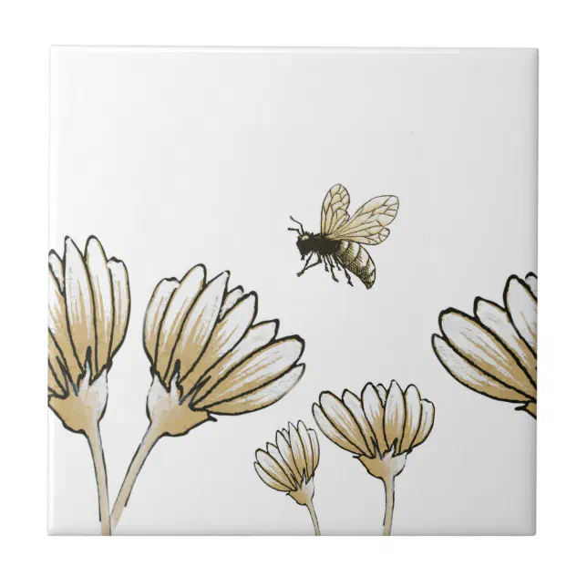 buzzy bumble bee with flowers ceramic tile | Zazzle