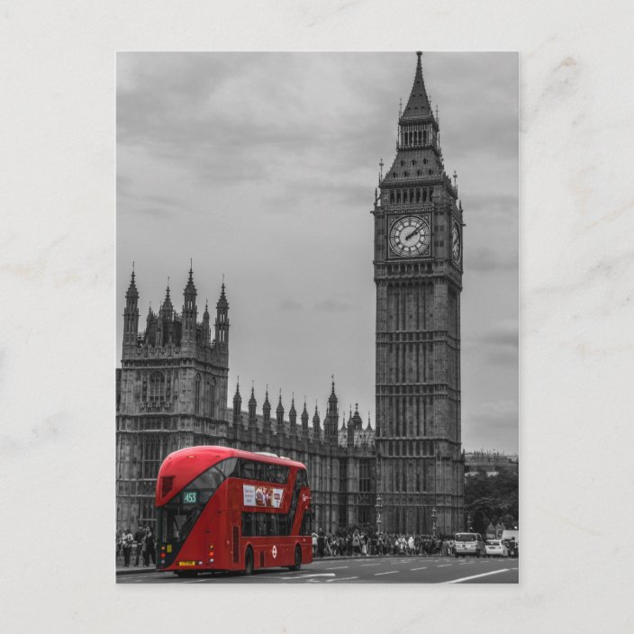 BW Black & White London Red Bus & Big Ben Postcard | Zazzle.com