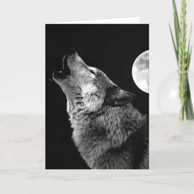 BW Wolf Howling at Moon Card | Zazzle