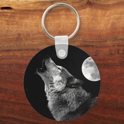 BW Wolf Howling at Moon Keychain | Zazzle