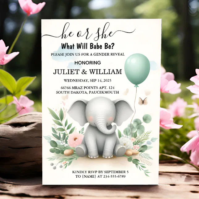 By Big Zoo Baby White Elephant Birth Gender Reveal Invitation | Zazzle