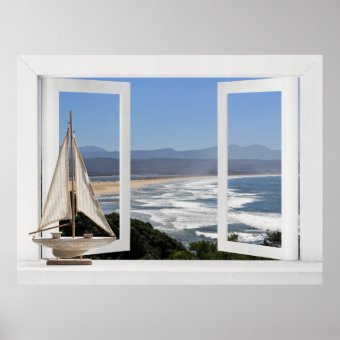 By the Ocean -- Open Window View with Sail Boat Poster | Zazzle
