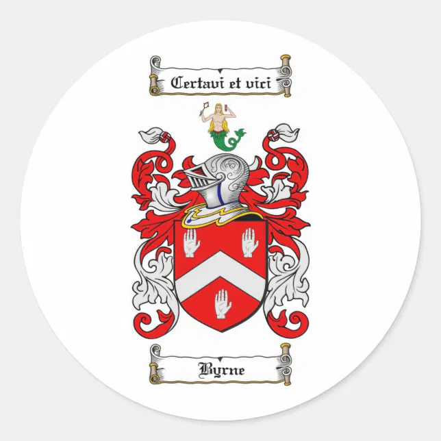 BYRNE FAMILY CREST - BYRNE COAT OF ARMS CLASSIC ROUND STICKER | Zazzle