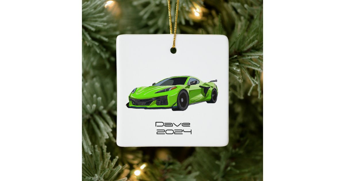 C8 Corvette Sports Car Lime Green Hand Drawn Ceramic Ornament | Zazzle