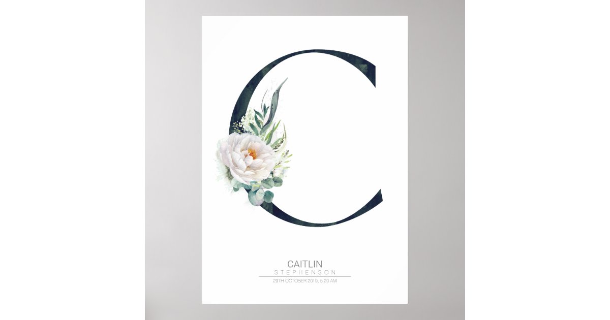 C Letter Monogram White Flowers and Greenery Poster | Zazzle
