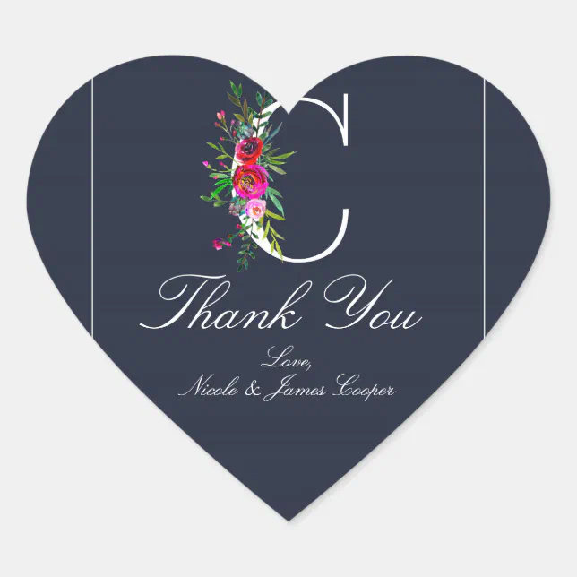 C Monogram Last Initial Modern Blue Floral Wedding Heart Sticker | Zazzle