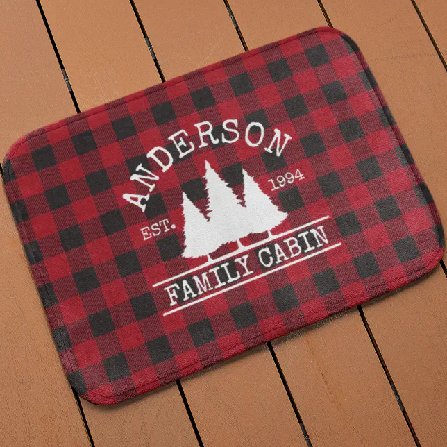 Cabin Family Name Red Buffalo Plaid Bath Mat | Zazzle