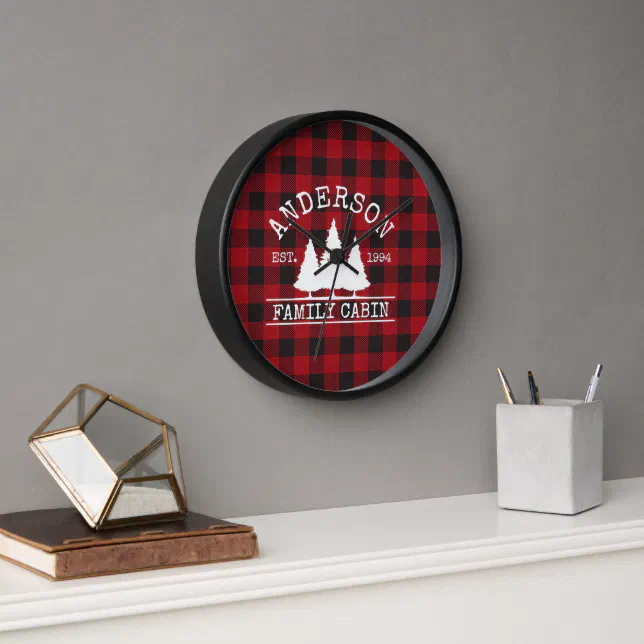 Cabin Family Name Red Buffalo Plaid Black Frame Clock | Zazzle