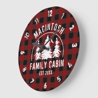 Cabin Family Name Red Buffalo Plaid Large Clock | Zazzle