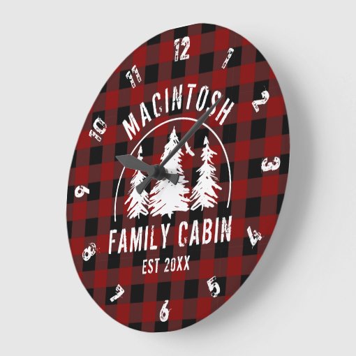 Cabin Family Name Red Buffalo Plaid Large Clock | Zazzle