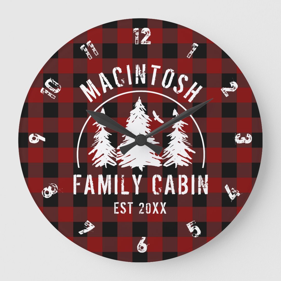 Cabin Family Name Red Buffalo Plaid Large Clock | Zazzle