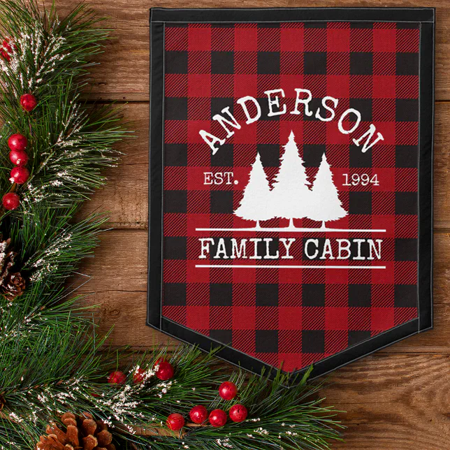 Cabin Family Name Red Buffalo Plaid Pennant | Zazzle