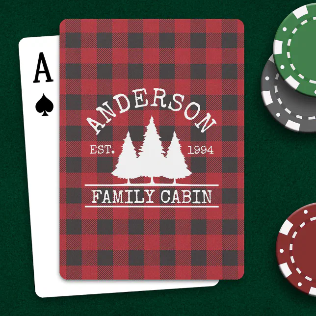 Cabin Family Name Red Buffalo Plaid Poker Cards | Zazzle