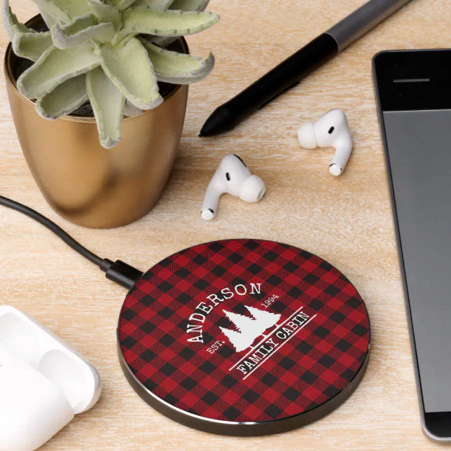 Cabin Family Name Red Buffalo Plaid Wireless Charger | Zazzle
