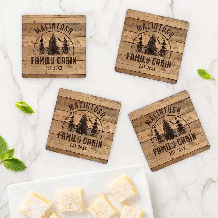 Cabin Family Name Rustic Wood Personalized Coaster Set | Zazzle