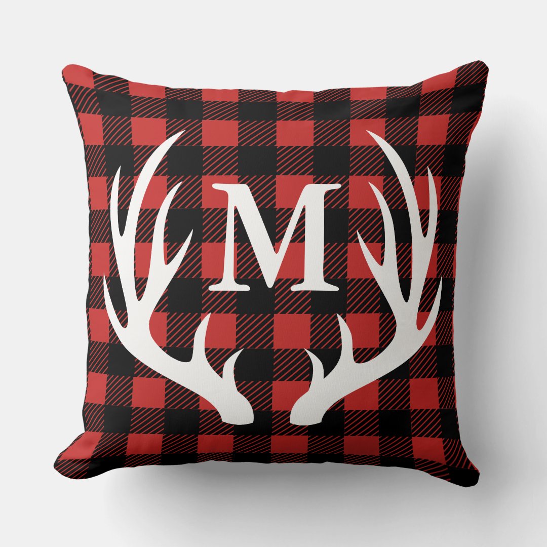 Cabin Rustic Deer Antlers Buffalo Check Plaid Throw Pillow | Zazzle