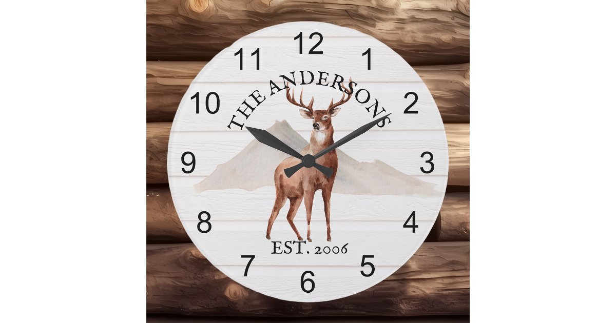 Cabin Rustic Deer wood Personalized Mountain Large Clock | Zazzle