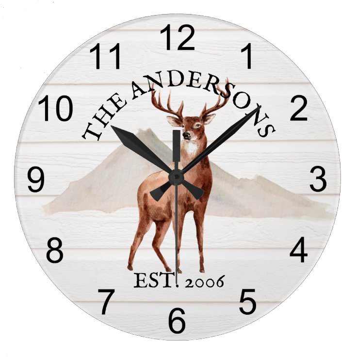 Cabin Rustic Deer wood Personalized Mountain Large Clock | Zazzle