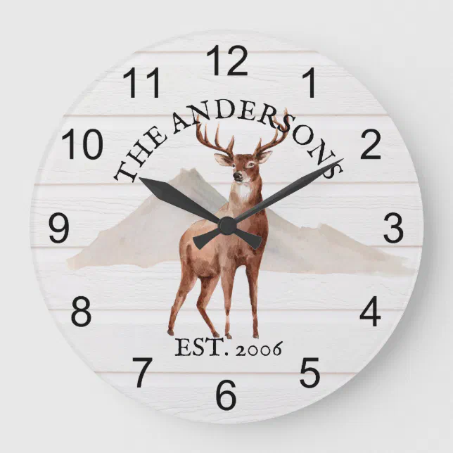 Cabin Rustic Deer wood Personalized Mountain Large Clock | Zazzle