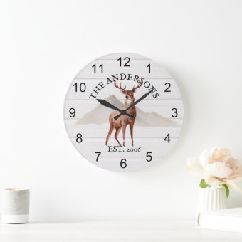 Cabin Rustic Deer wood Personalized Mountain Large Clock | Zazzle