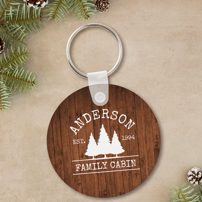Cabin Rustic Wood Family Name Keychain | Zazzle
