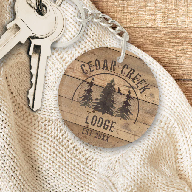 Cabin Rustic Wood Forest Trees Personalized Keychain | Zazzle
