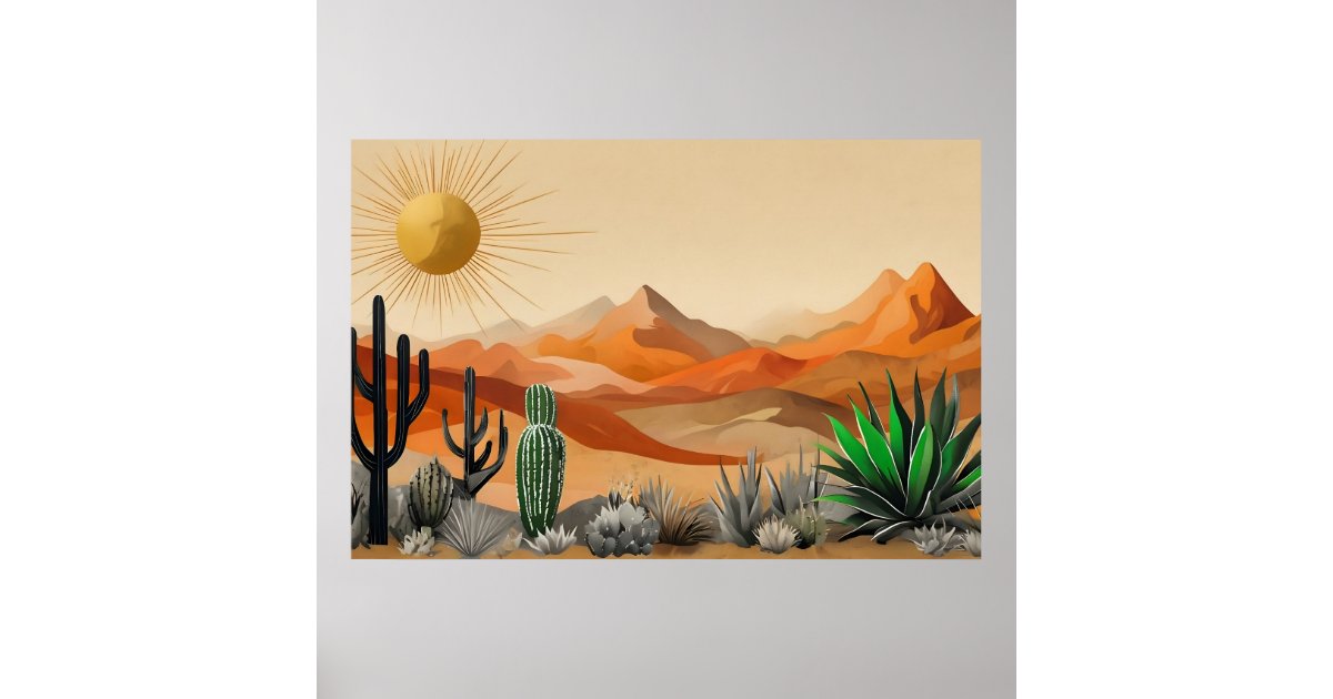 Cactus in Desert Illustration Poster | Zazzle