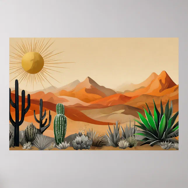 Cactus in Desert Illustration Poster | Zazzle