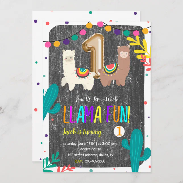 Cactus Llama Fun 1st Birthday Invitation | Zazzle