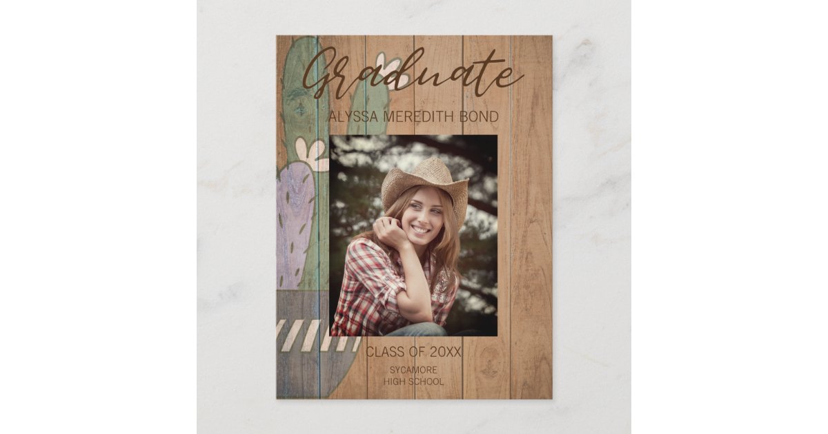 Cactus Modern Rustic Wood Photo Graduation Postcard | Zazzle