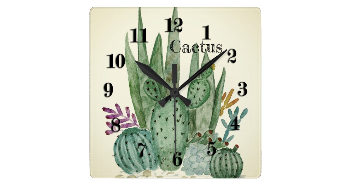 Cactus watercolor cacti flowers floral desert illu square wall clock ...