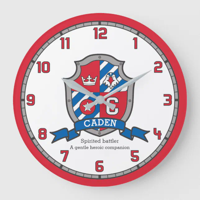 Caden name meaning heraldry shield letter C bird Large Clock | Zazzle