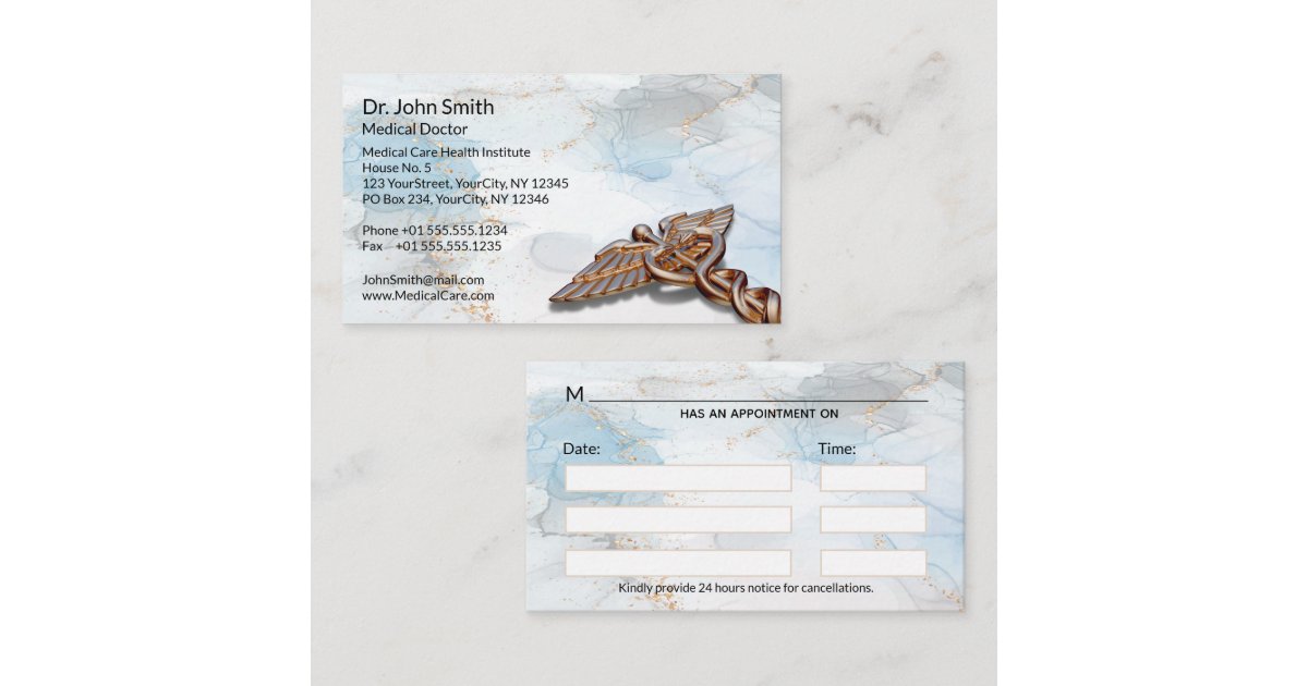 Caduceus Copper Rose Gold Medical Luxury Marble Appointment Card | Zazzle