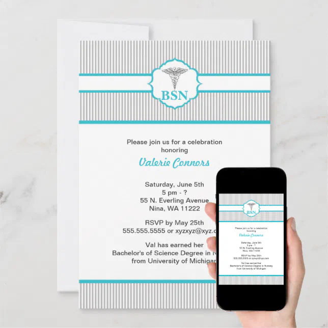 Caduceus RN BSN LPN Graduation Turquoise Blue Invitation | Zazzle